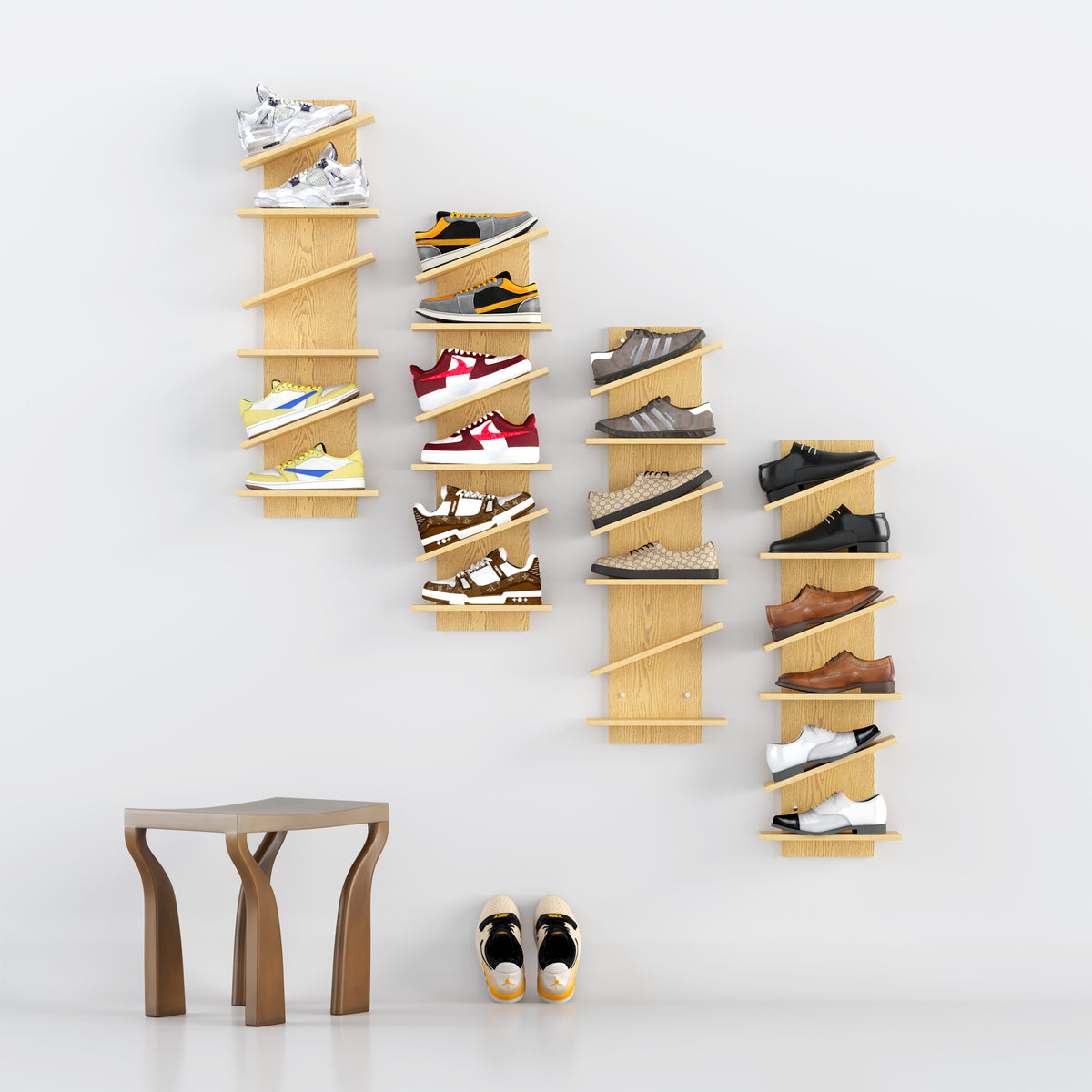 YOWOS Thor Z-Shaped Wall-Mounted Shoe Shelf Wood Natural for 6 Pairs o ...